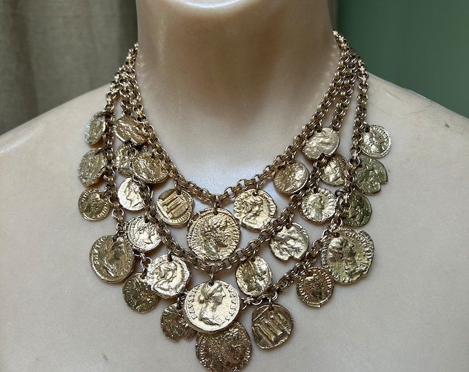Vintage Bold Multi Coins and Chains Statement Necklace, Ancient Look ...