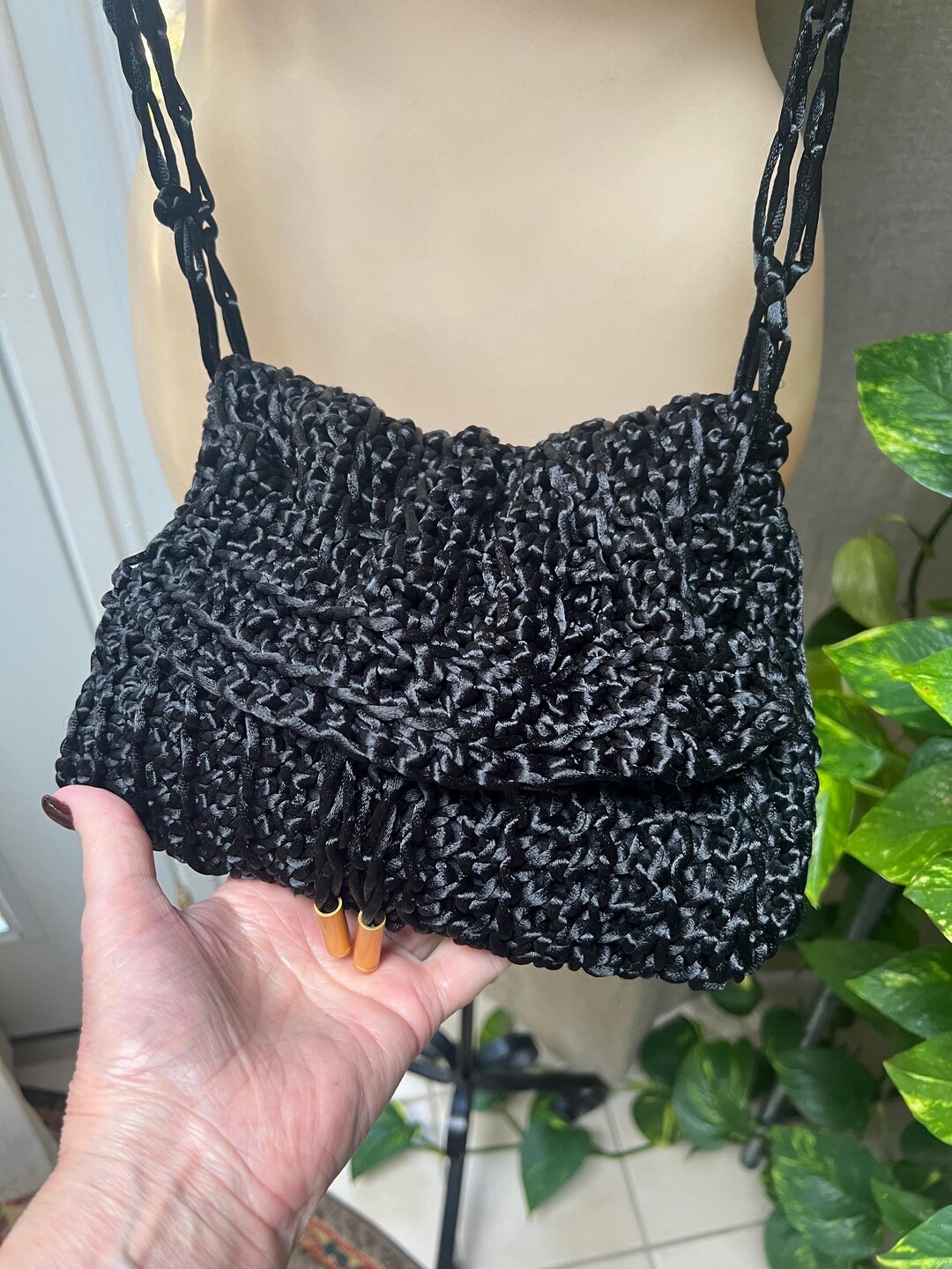 Vintage Sharif Black Woven Ribbons Pouchy Handbag, Jay by Sharif ...