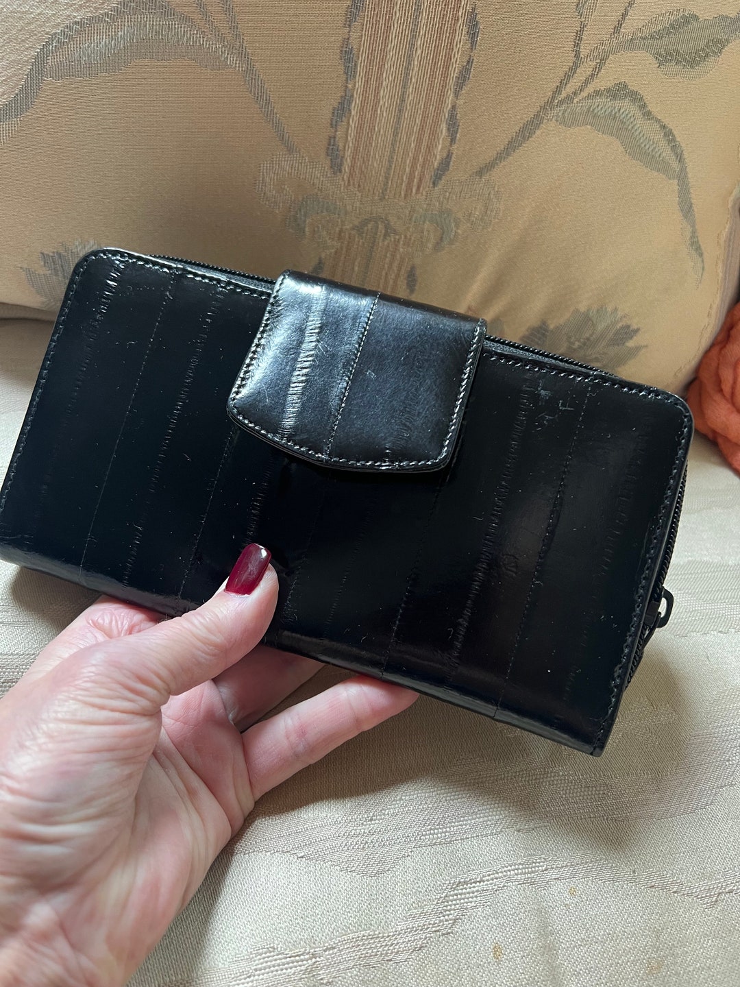 Vintage Black Eel Skin Leather Zip Around Wallet Clutch, Lee Sands ...