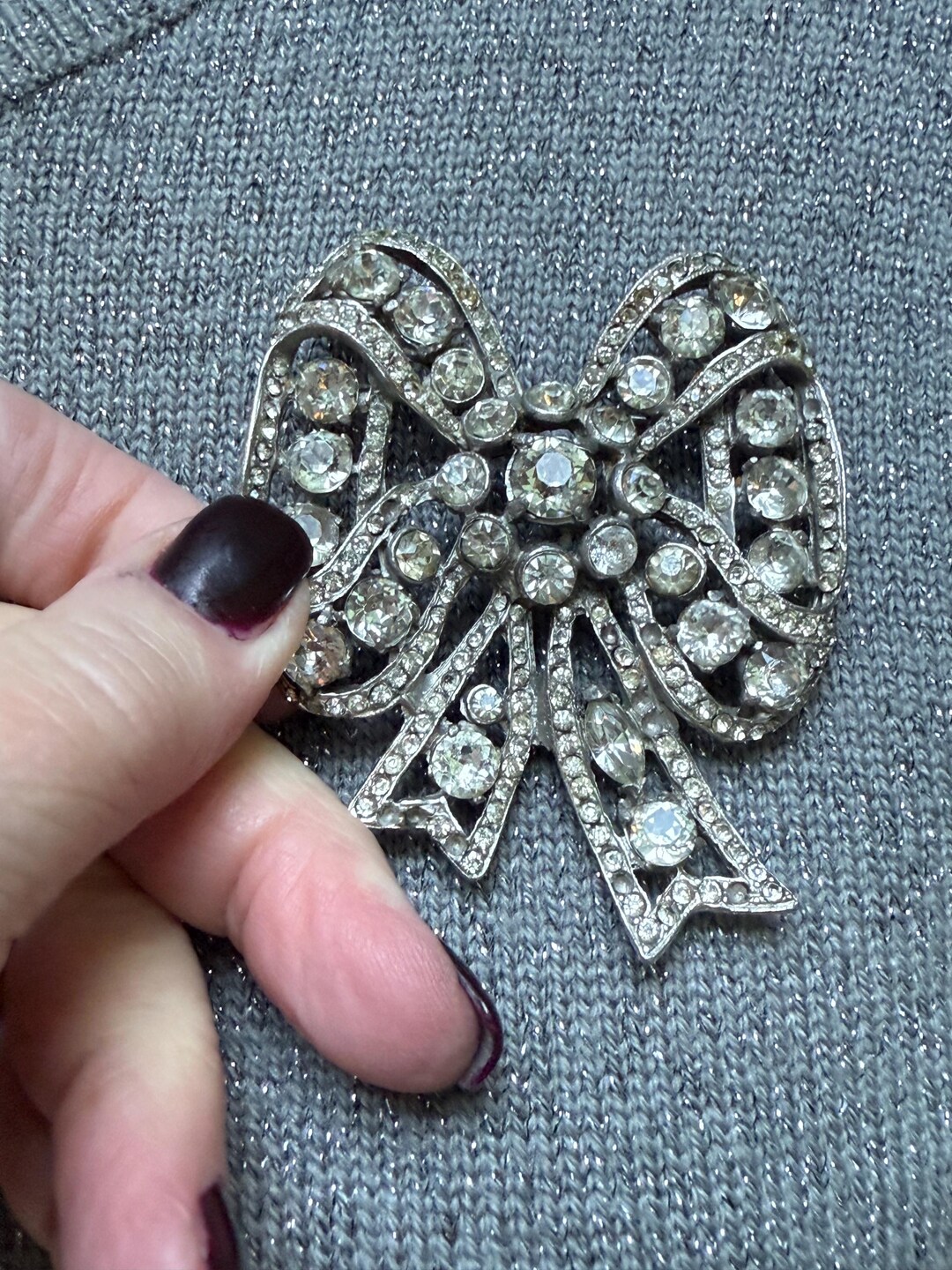 Vintage Midcentury Big Rhinestone Bow/ribbon Brooch, Silvertone ...