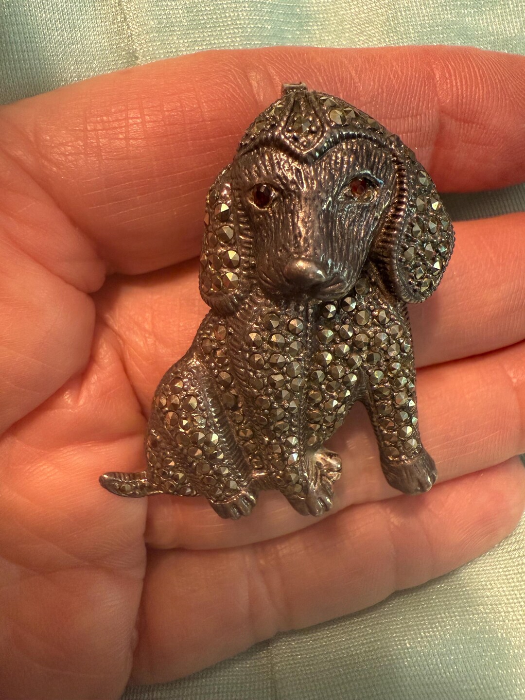 Vintage Oxidized Sterling Silver Dog Brooch, Dark Marcasite Puppy Pin ...