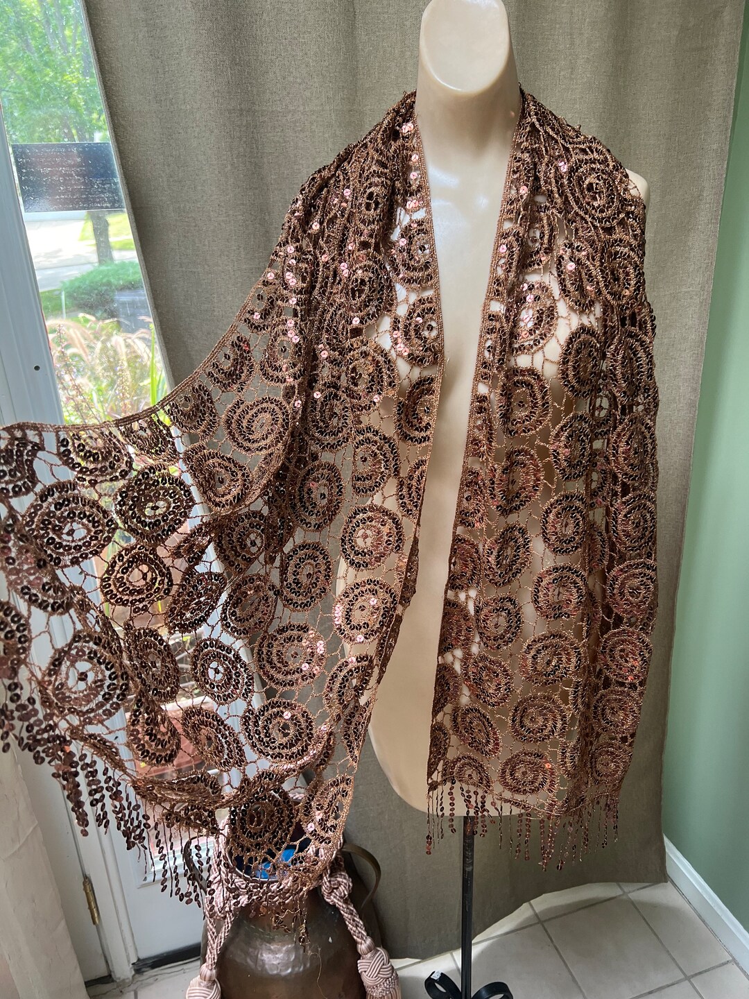 Vintage Copper Sequins Crochet Look Evening Wrap, Open Weave Rust Color ...
