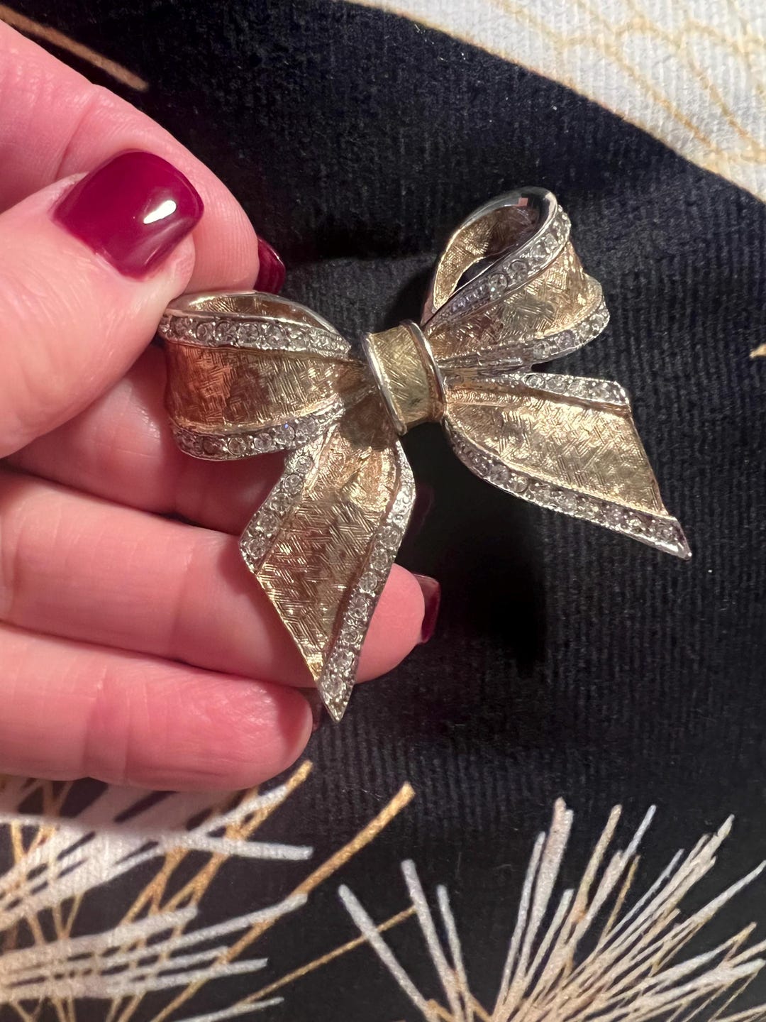 Vintage Etched Gold Silver Tone Bow Brooch, 2 Tone Clear Crystals ...
