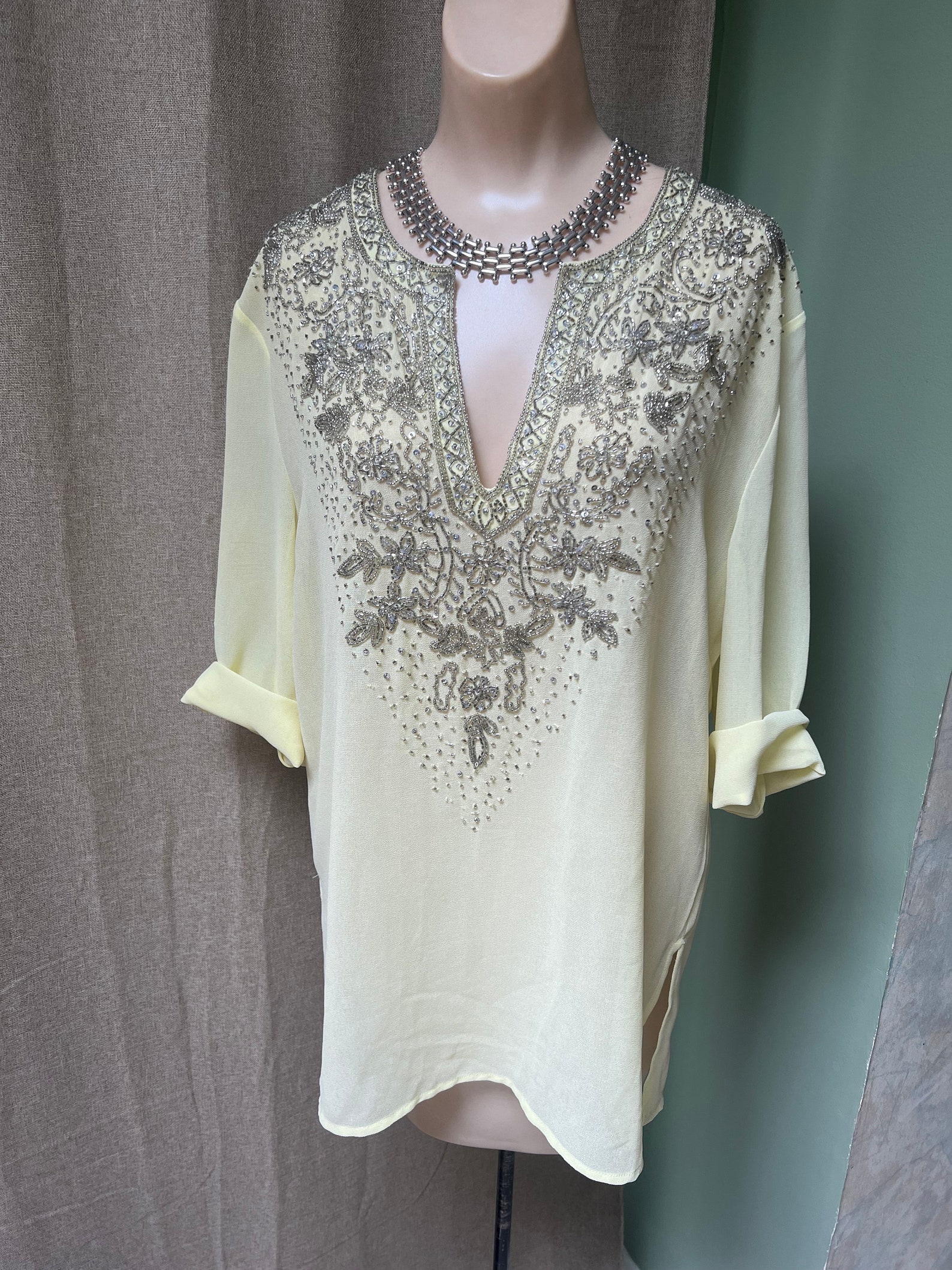 Vintage Semi Sheer Jeweled Tunic Top M, TOGETHER Pale Yellow Green ...