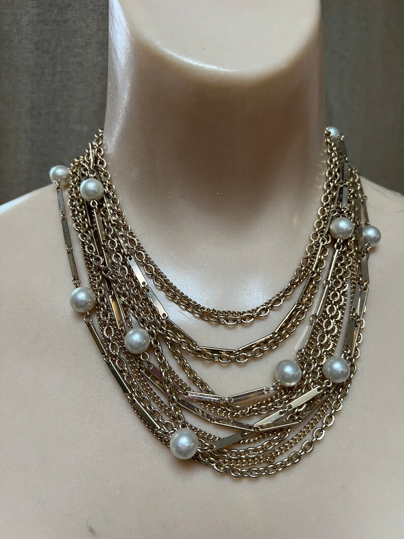 Vintage 12 Strand Goldtone Chains Pearls Necklace, Ornate Clasp Faux ...