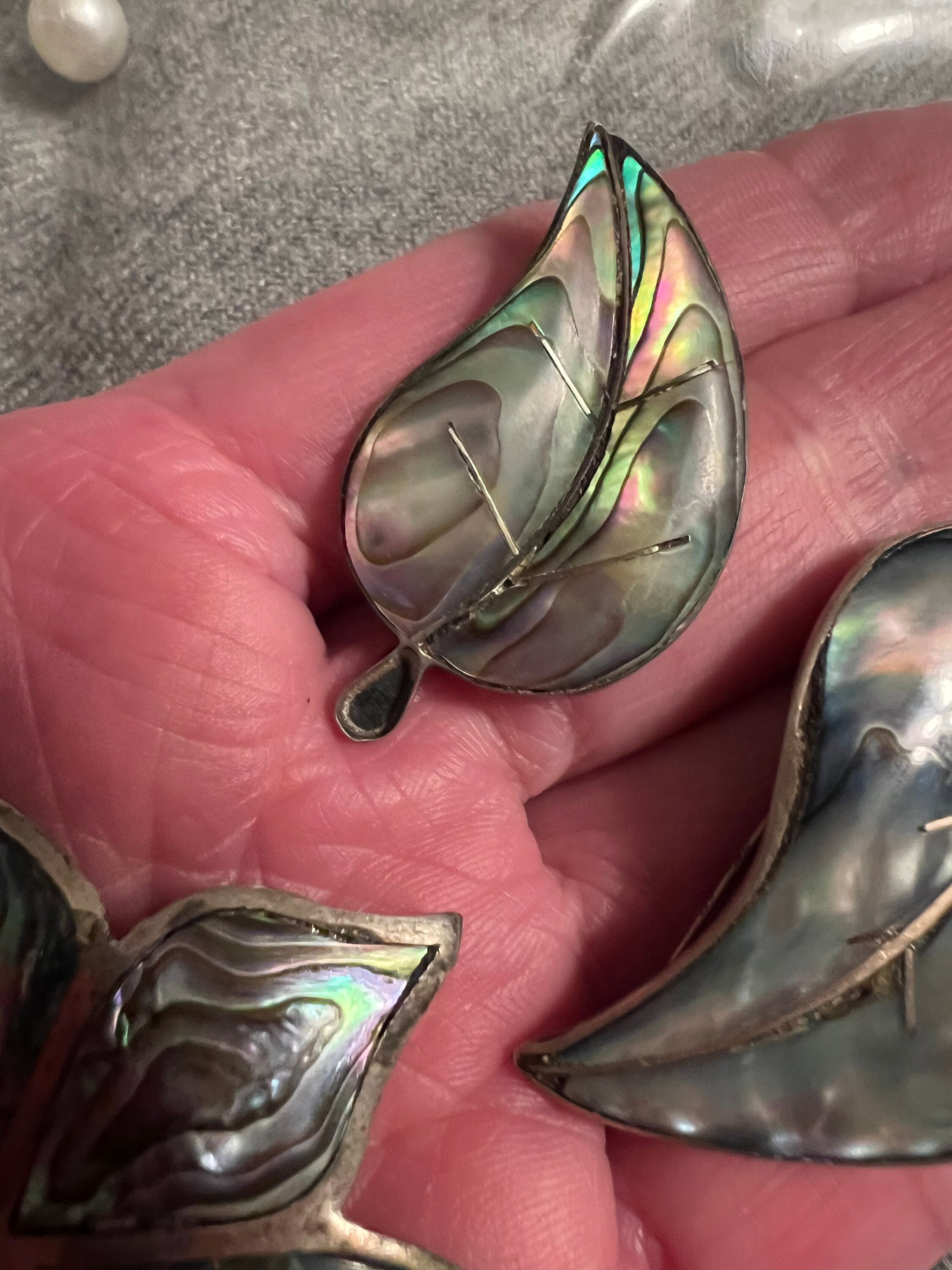 Vintage 925 sterling leaf pin 3 sterling silver paua shell - Etsy.de