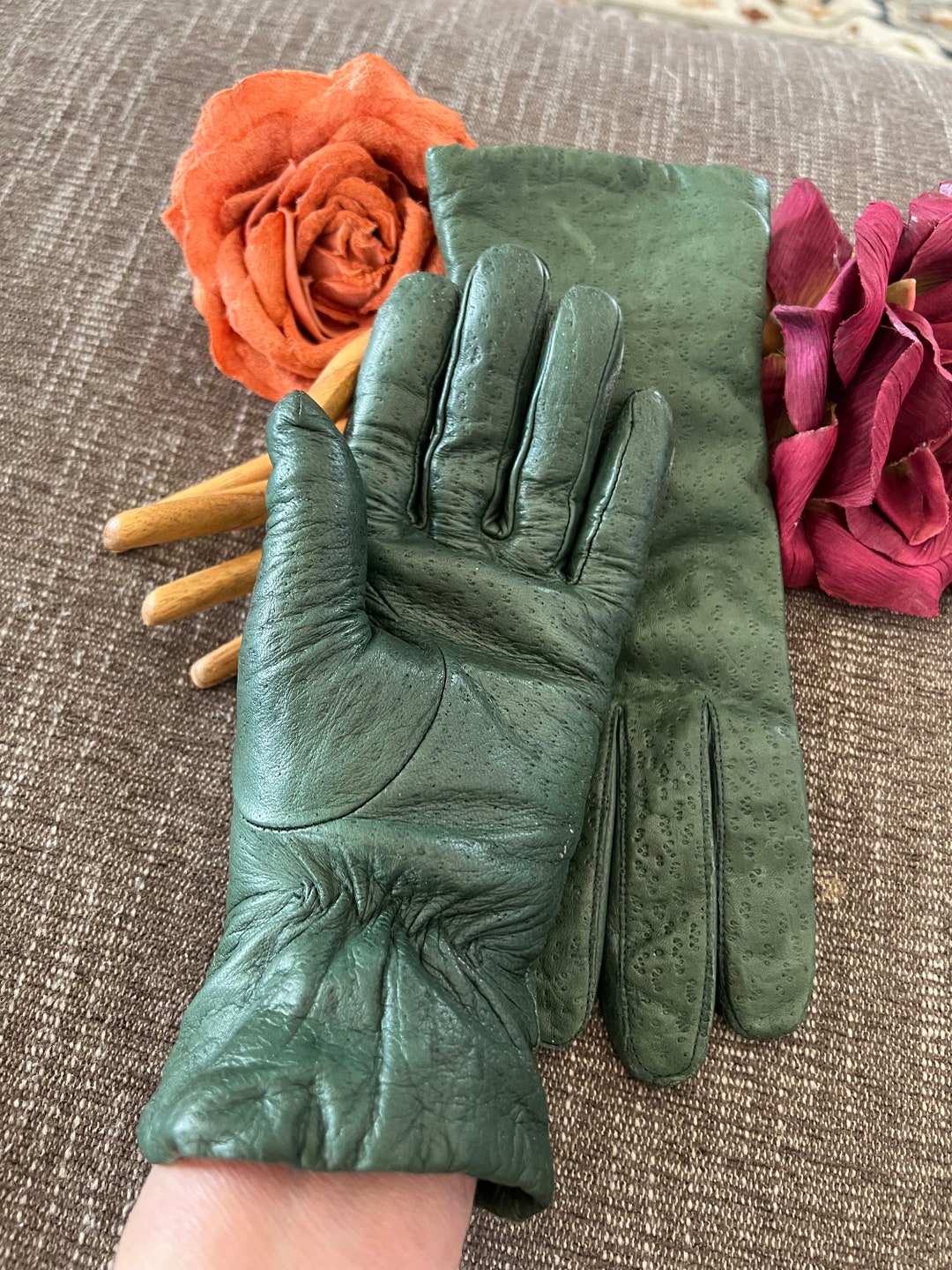 Vintage Soft Green Leather Woman's Lined Gloves S/M, Hanes Her Way Pine ...