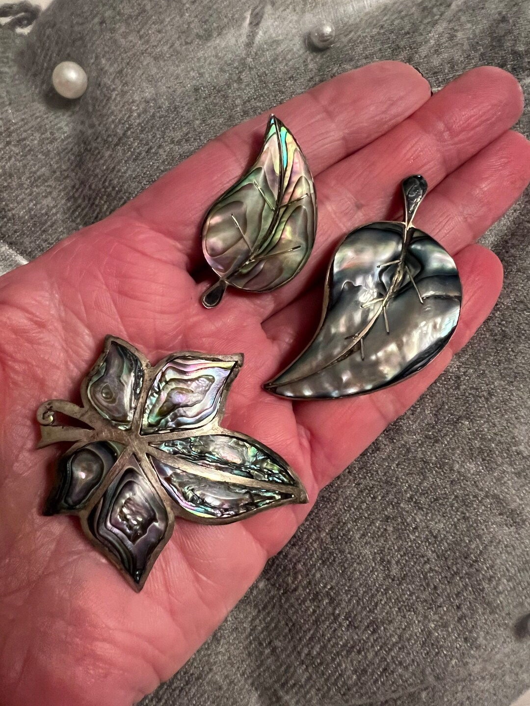 Vintage 925 sterling leaf pin, 3 sterling silver paua shell pins ...