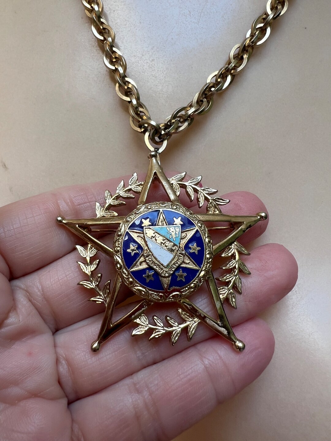 Vintage French Lion Pendant Necklace, Blue Gold French Shield Pendant ...