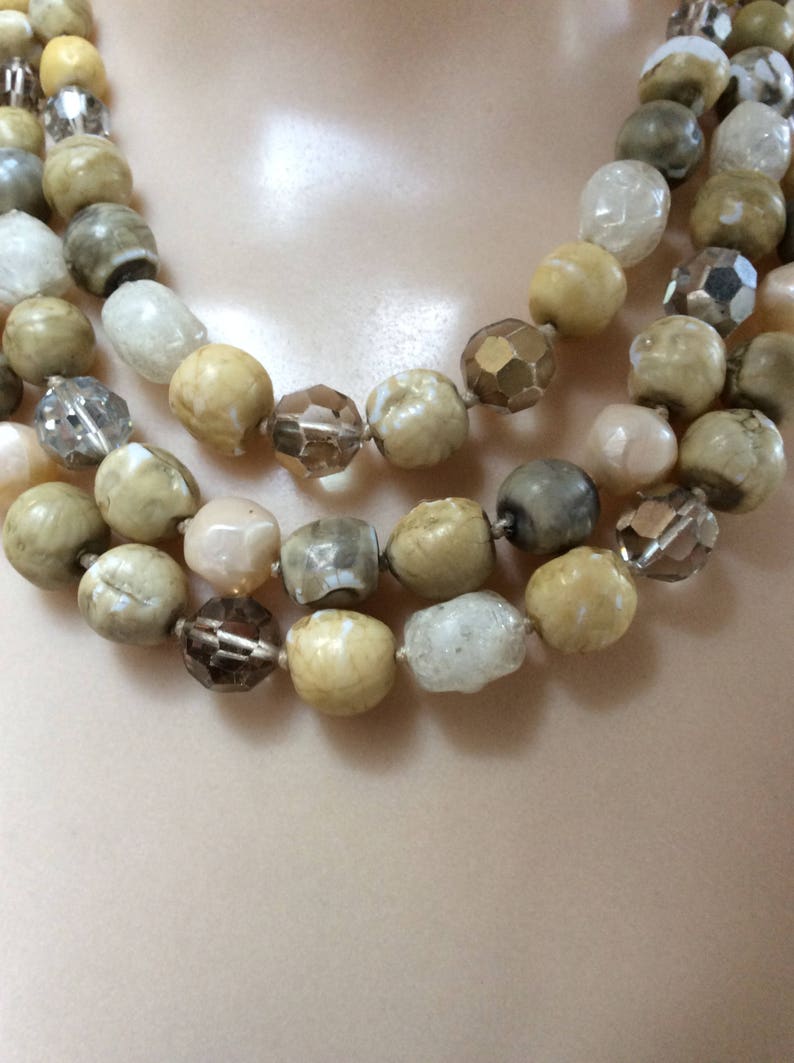 Vintage Retro 3 Strand Beige Grey Bead Necklace Multi Beads - Etsy