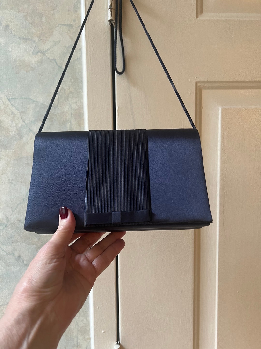 Vintage Navy Blue Satin Bechamel Evening Bag, Ink Blue Satin Formal ...