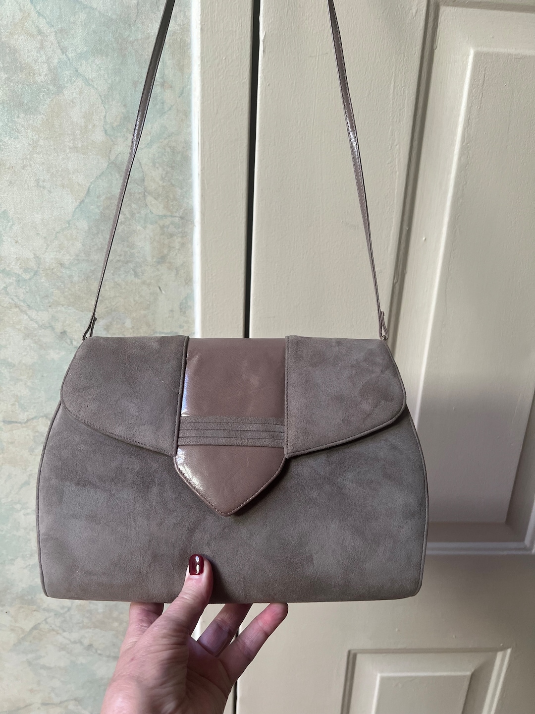 Vintage Sand/grey Suede Leather Shoulder Bag, La Scala High Quality ...