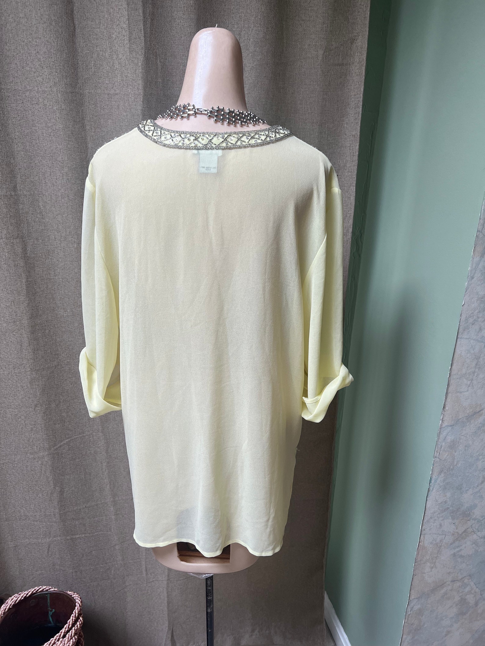 Vintage Semi Sheer Jeweled Tunic Top M, TOGETHER Pale Yellow Green ...