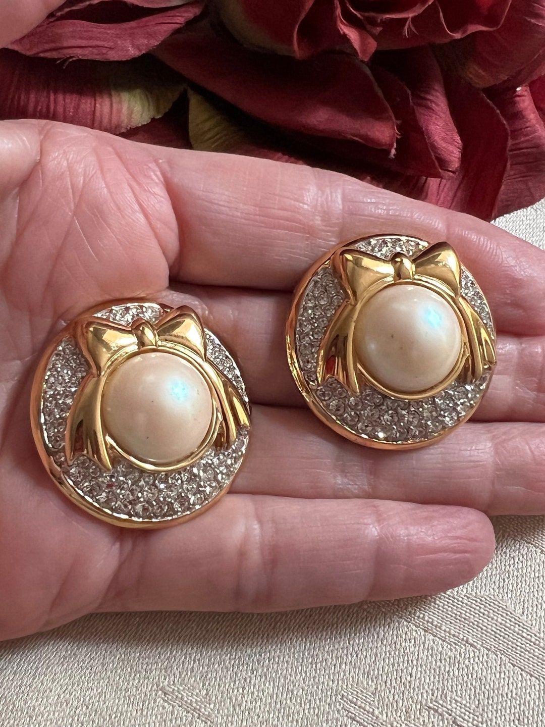 Vintage Bold Nina Ricci Pearl Rhinestone Clip Earrings, Round Big Nina ...