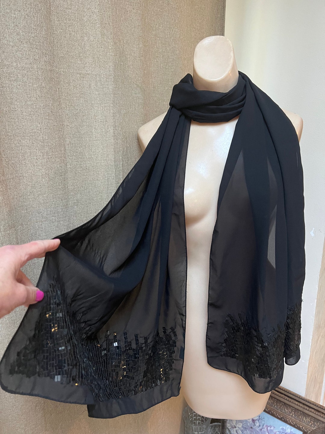 Vintage Long Black Sequins Evening Wrap, 78x20" Poly Crepe Black ...