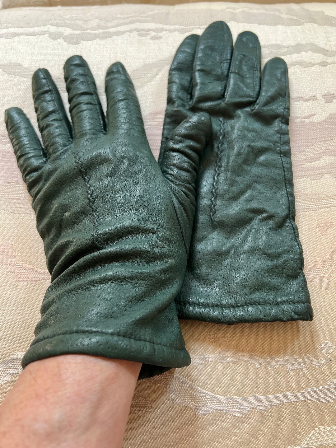 Vintage Pine Green Leather Warm Gloves M, Acrylic Lined Green Leather ...