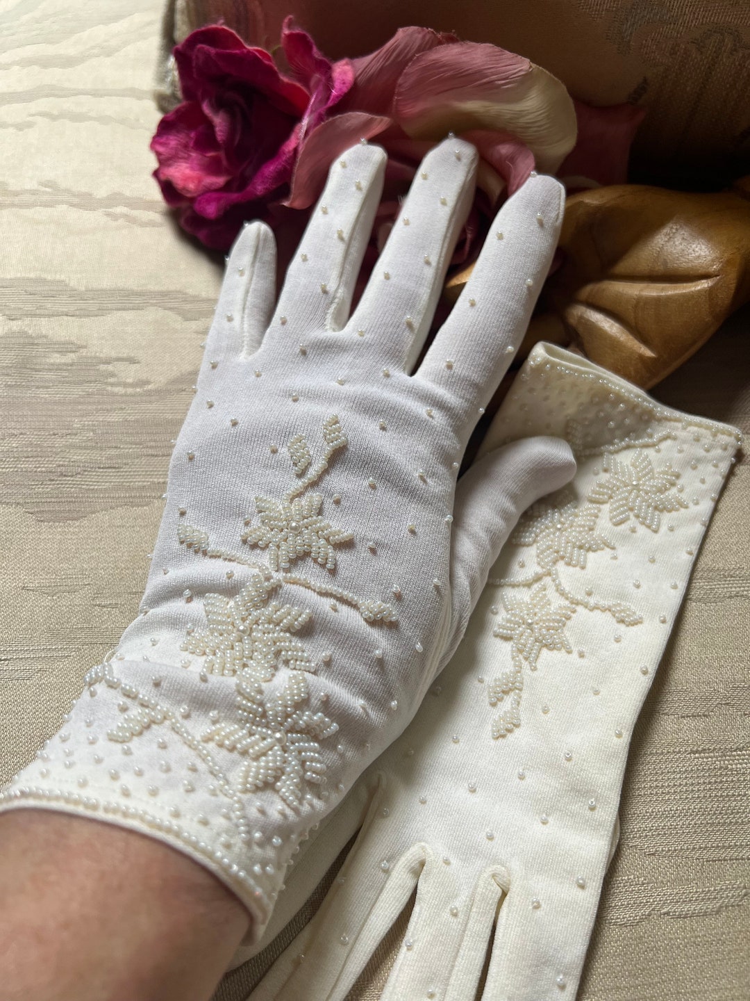 Vintage off White Beaded Stretchy Gloves S/M, Brides Beaded Cream Beige ...