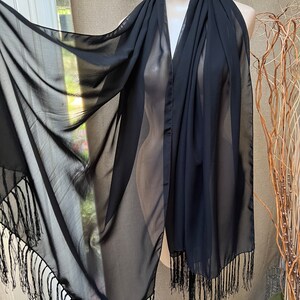 Vintage Sheer Black Wide Fringed Evening Wrap, Formal Black Shoulder ...