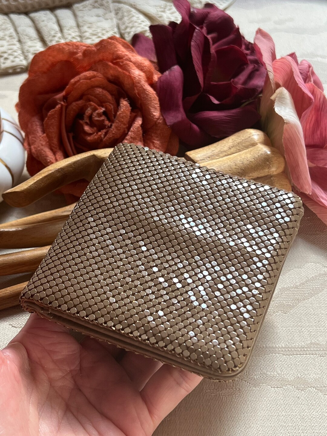 Vintage Taupe Gold Metal Mesh Leather Wallet, Whiting Davis Tan/gold ...
