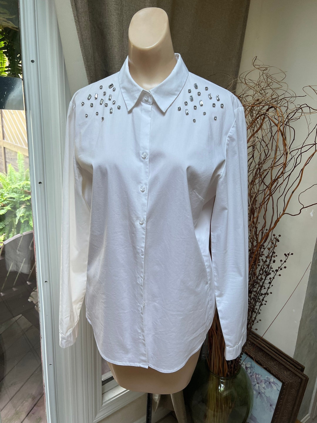 Vintage White Cotton Blend Jeweled Blouse S/M, White Cotton Stretch ...