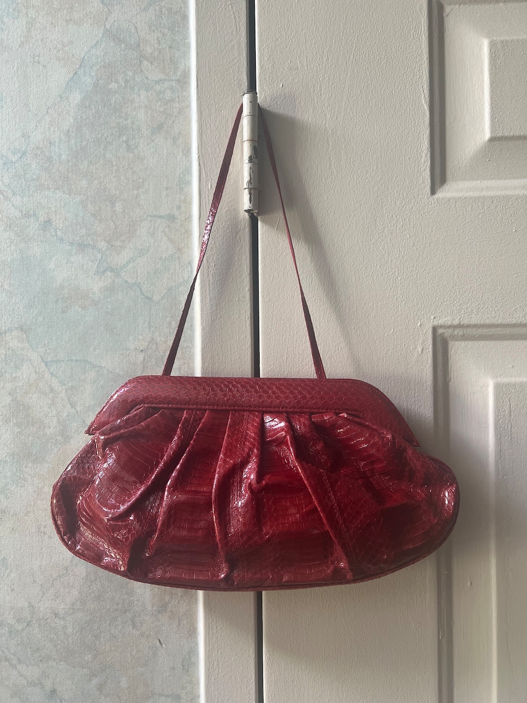 Vintage Rich Red Snake Skin Leather Soft Clutch Handbag, Red Genuine ...