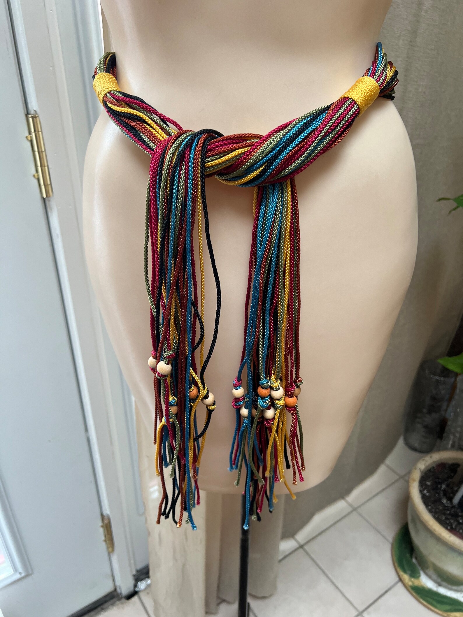Vintage Boho Multi Color Cord Tie Belt, Bright Colors Cords Beads Tie ...