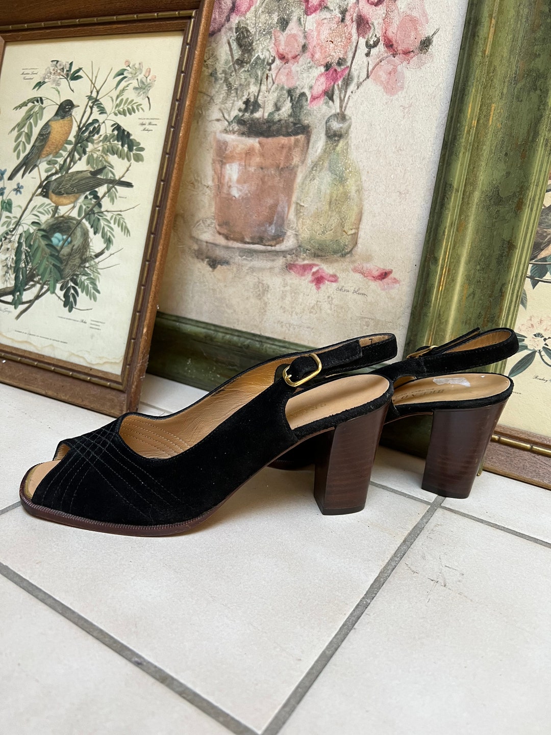 Vintage Bruno Magli Black Suede Stacked Heel Shoes 6 1/2, Bruno Magli ...