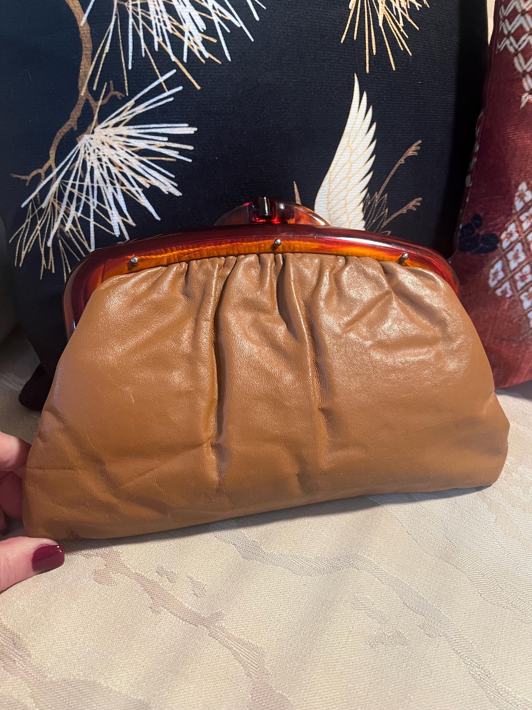 Vintage Camel Leather Lucite Frame Clutch Purse, Camel Leather Tortoise ...