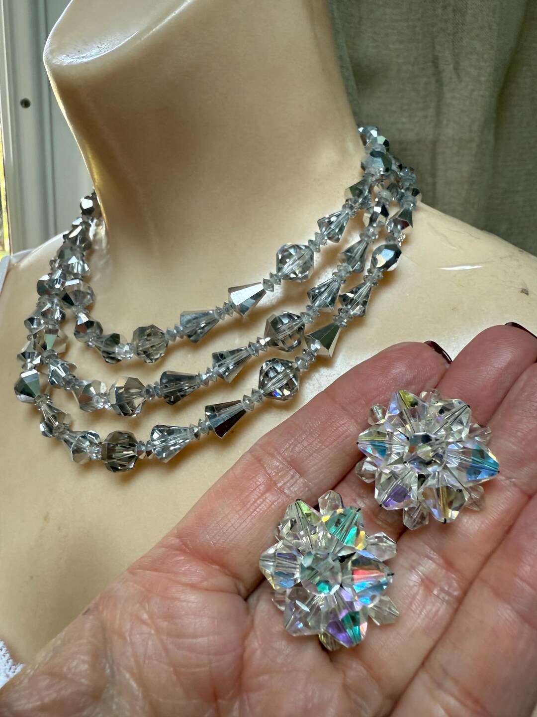 Vintage 3 Strand Vendome Crystal Necklace/earring, VENDOME Silvery ...