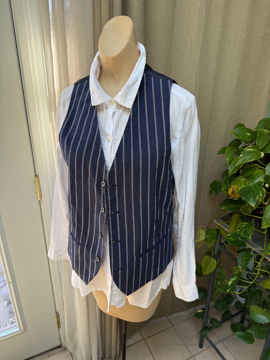 Vintage Navy White Striped Cotton Blend Men's Vest M, Unisex Navy Blue ...