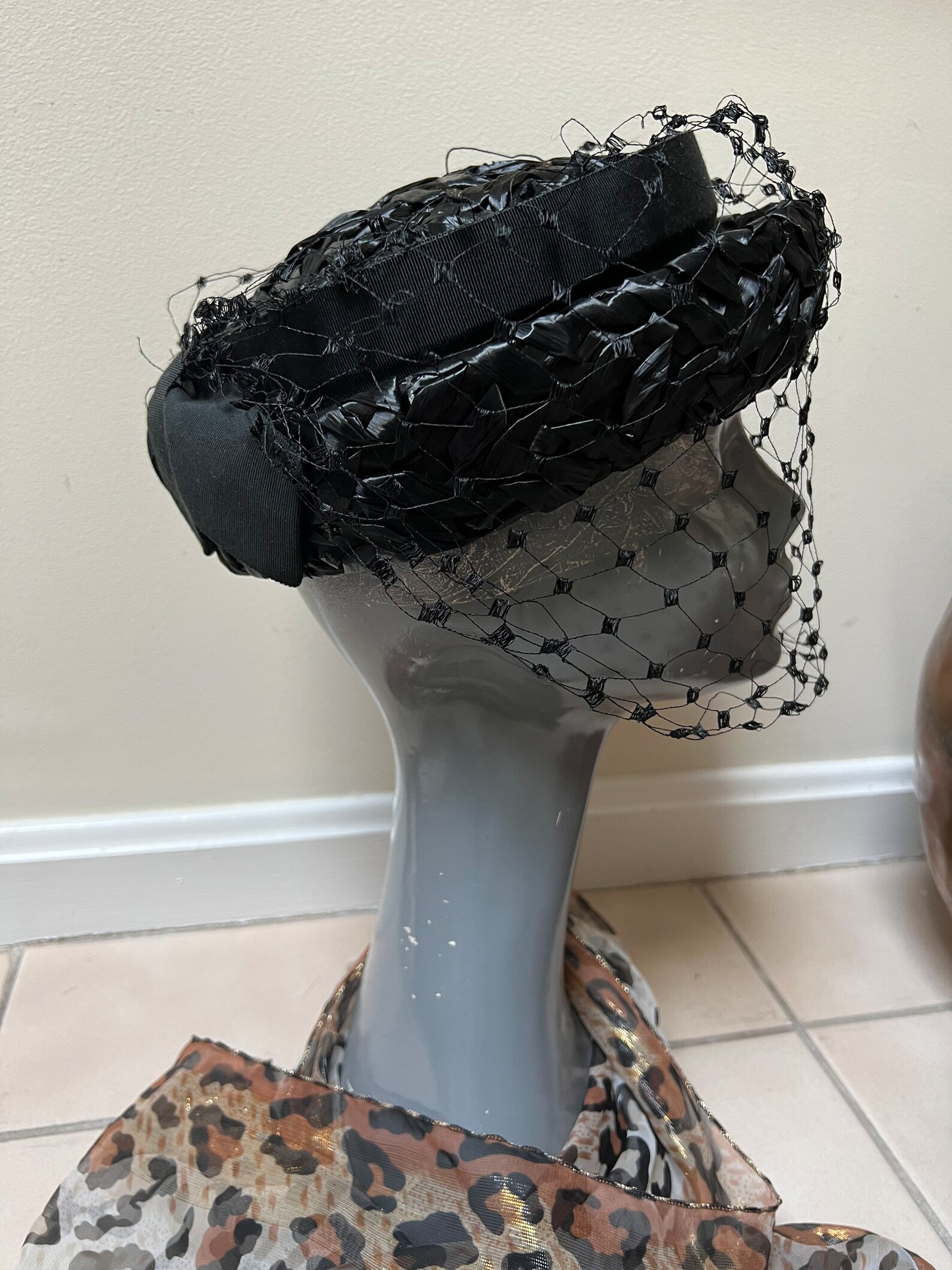 Vintage Shiny Black Woven Raffia Netting Hat, Union Made Black Raffia ...