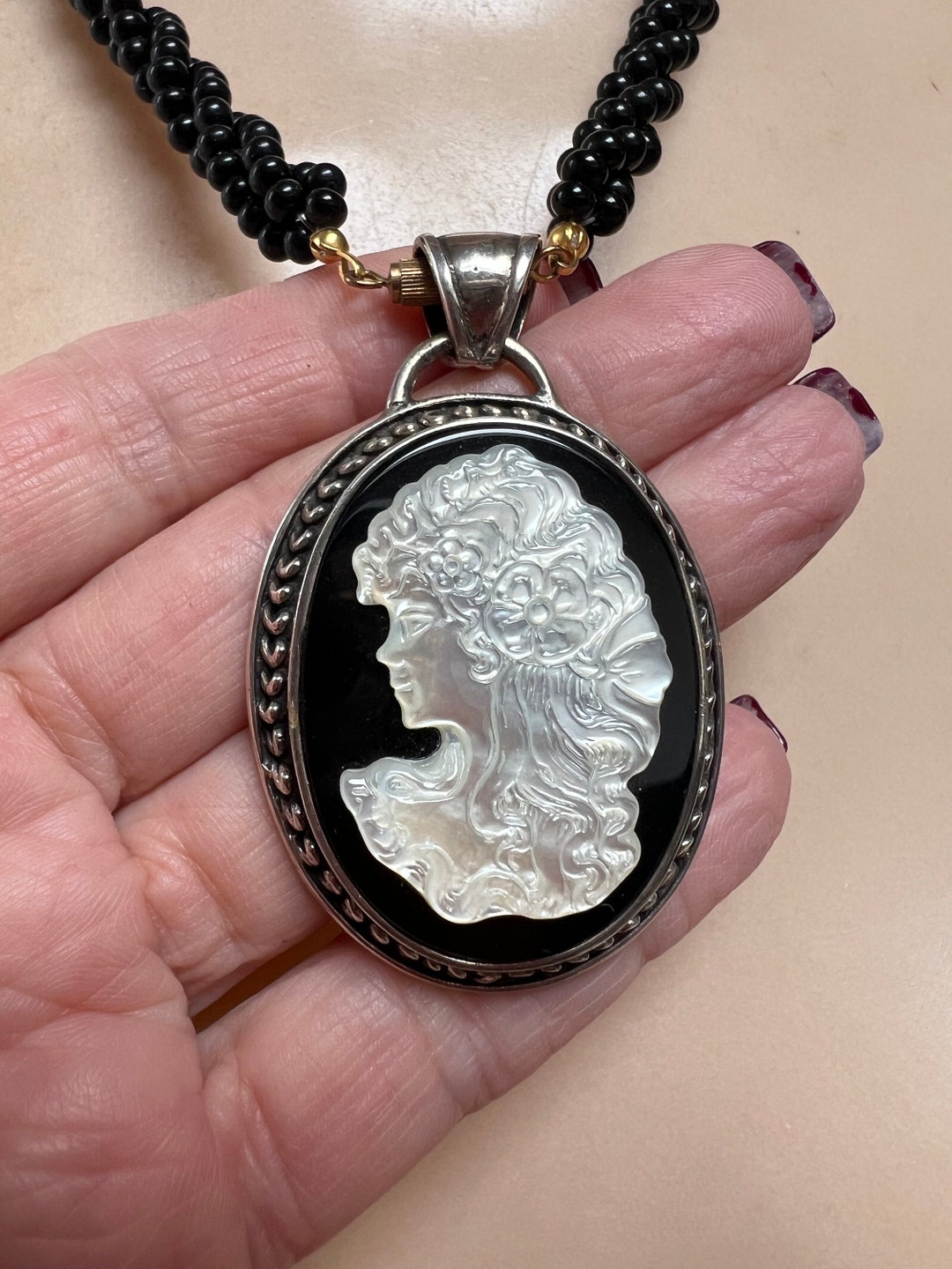Vintage Large Oval Carved Mother of Pearl Sterling Cameo Pendant ...