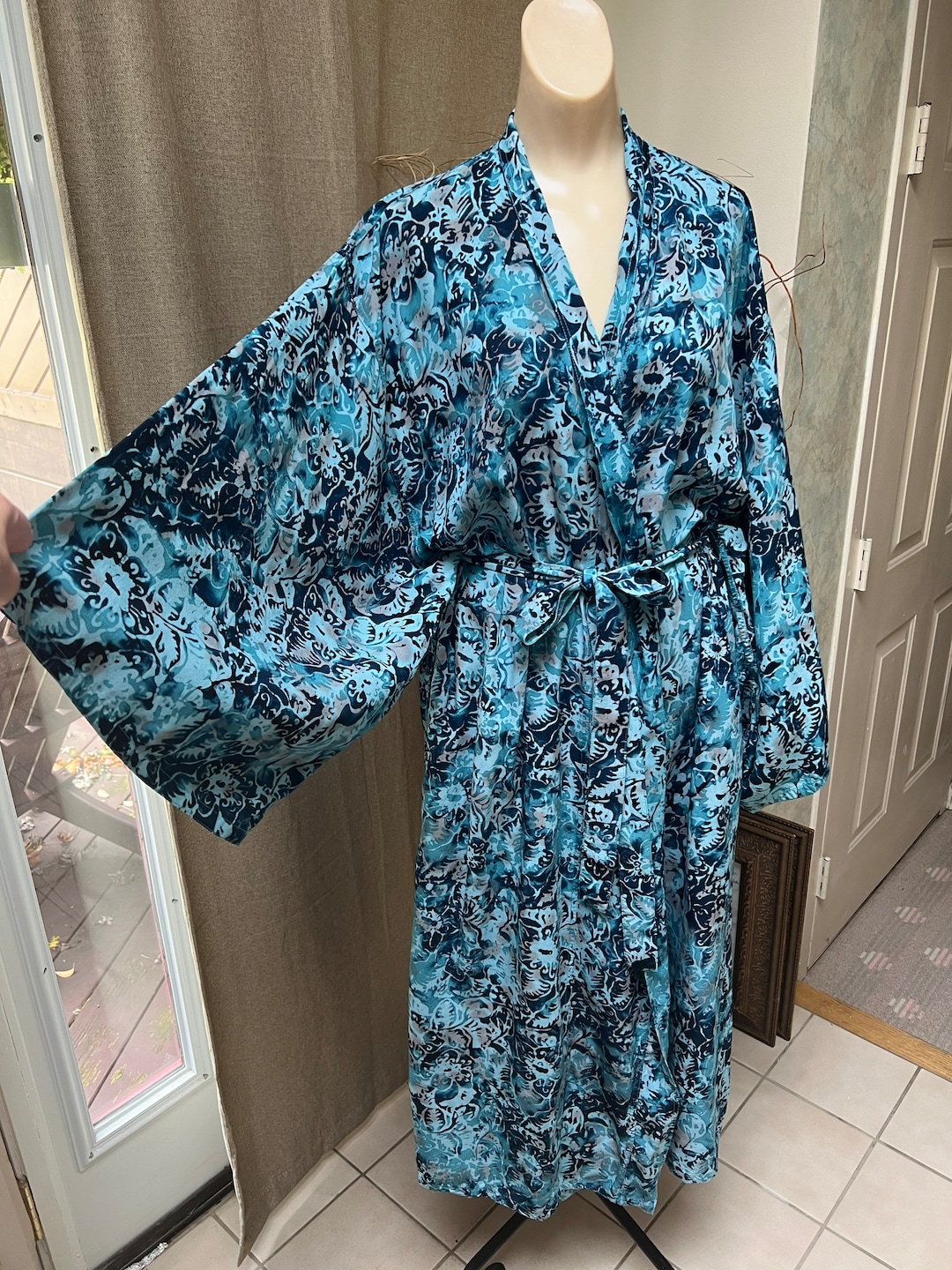 Vintage Batik Look Turquoise/blue Print Wrap Robe M/L, Boho Batik Look ...