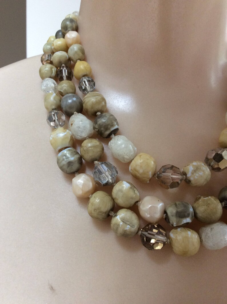 Vintage Retro 3 Strand Beige Grey Bead Necklace Multi Beads - Etsy