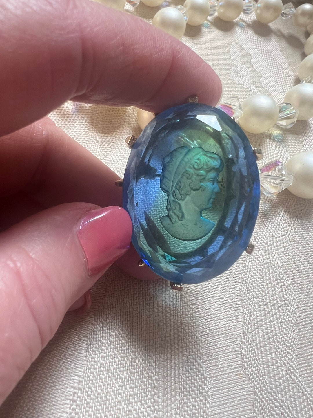 Vintage Blue Glass Intaglio Brooch, Blue Glass Cameo Intaglio Pin, Oval ...