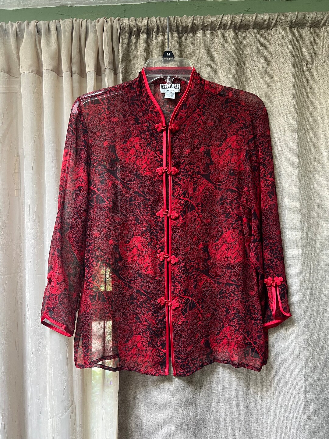 Vintage Sheer Silk Red Black Asian Blouse S, Robbie Bee Sheer Red ...