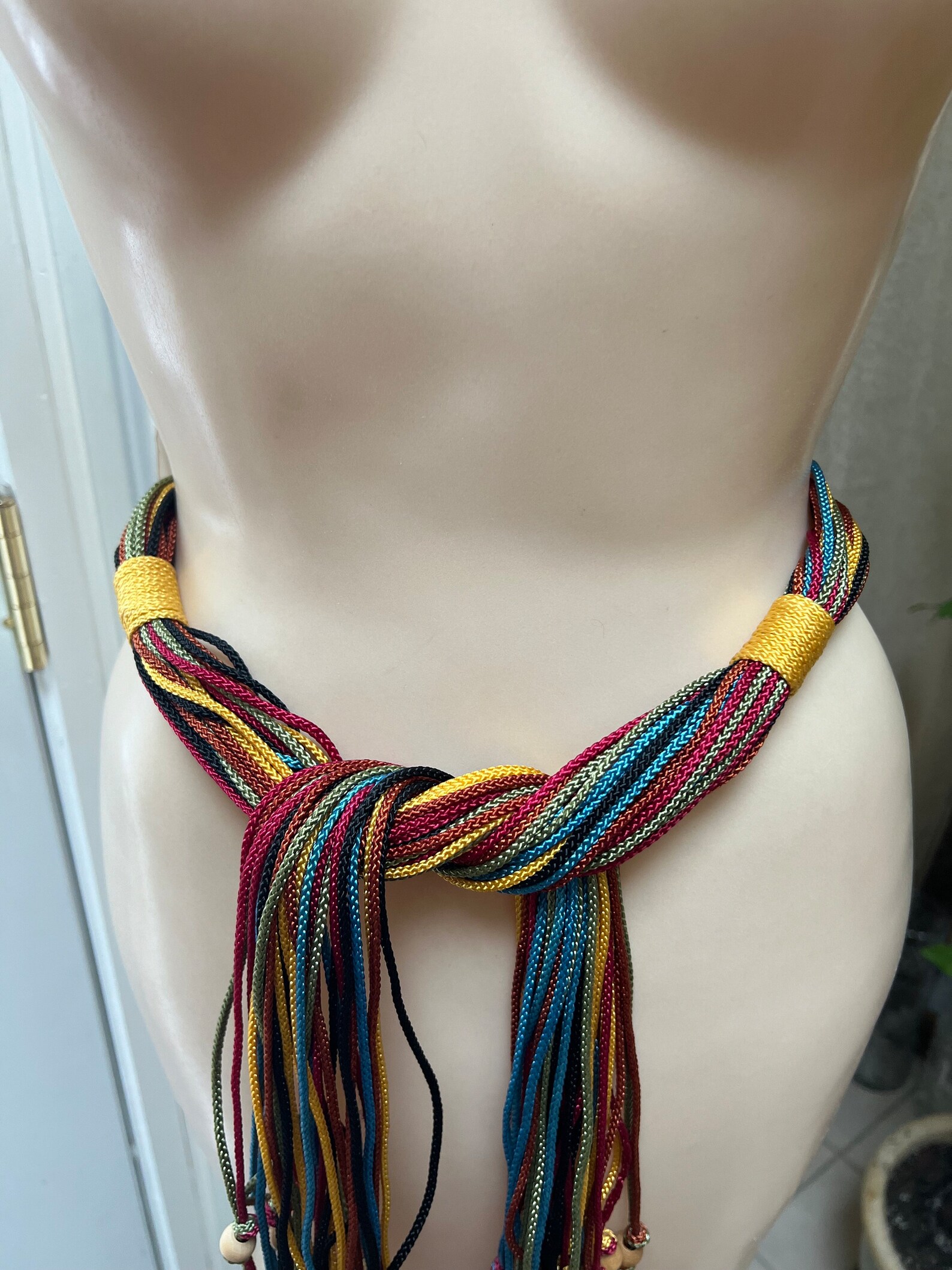 Vintage Boho Multi Color Cord Tie Belt, Bright Colors Cords Beads Tie Belt, Adjustable Multi ...