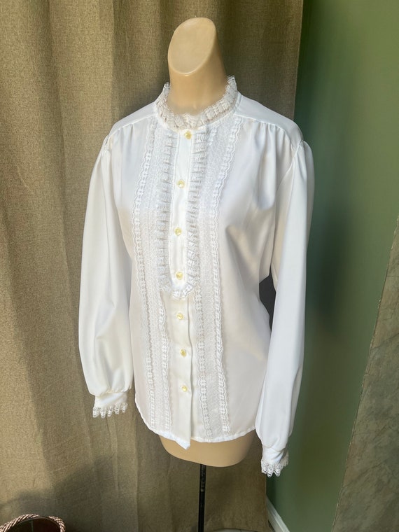 Vintage 70s Lady Hathaway white lace ruffles blouse X… - Gem