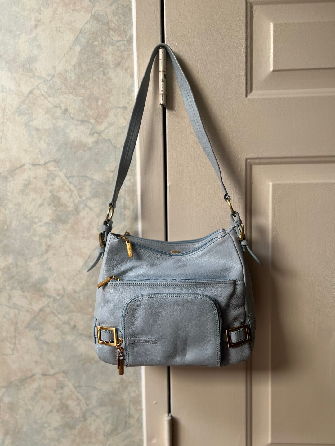Vintage Pale Blue Leather Stone Mountain Shoulder Bag, Multi Pocket ...