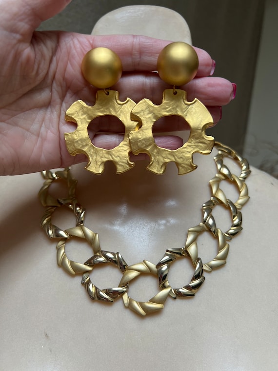 Vintage Techno Geometric Goldtone Necklace Earrings Set Matte - Etsy