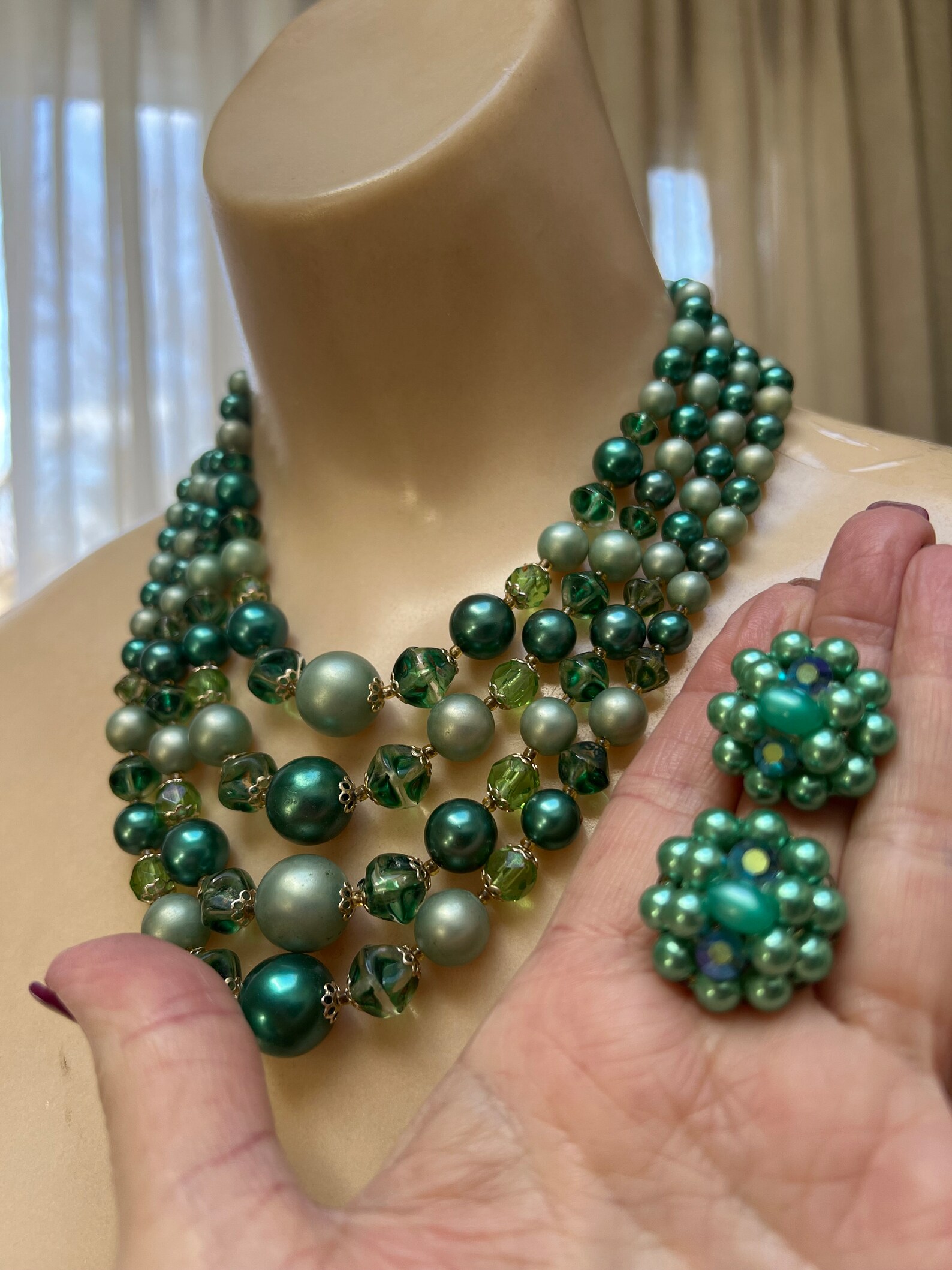 Vintage Multi Strand Green Beads Necklace, Green Shades Multi Beads 4 ...