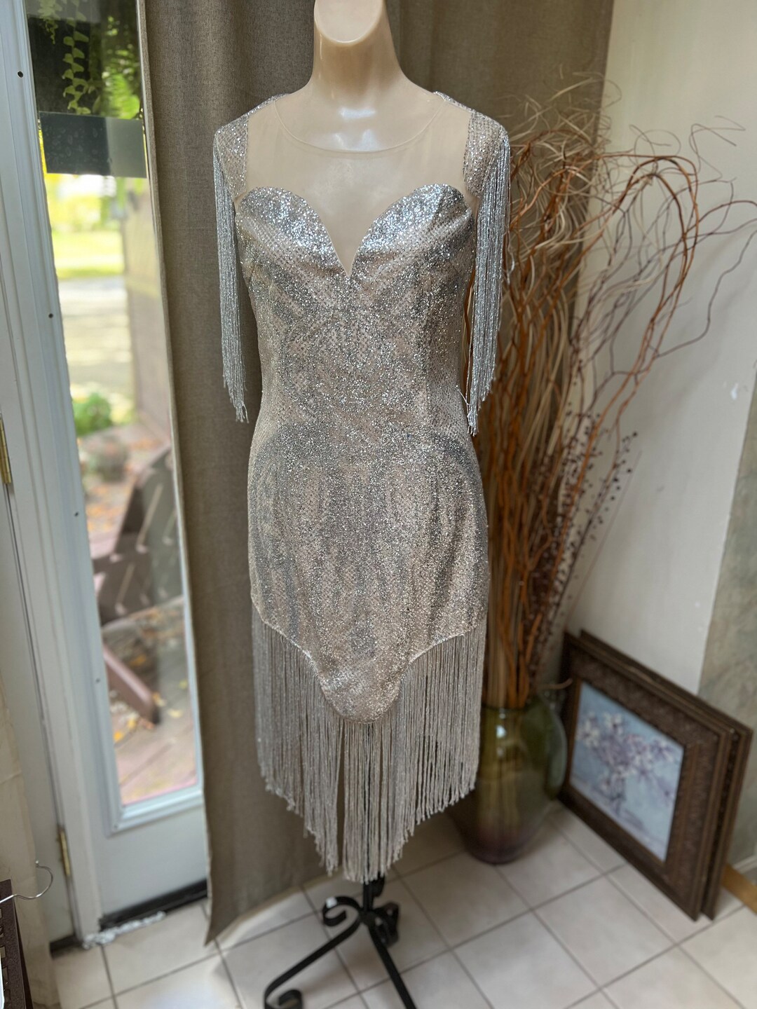 Vintage Silver Glitter Fringed Show Girl Dress S, Sexy Silver Fringed ...