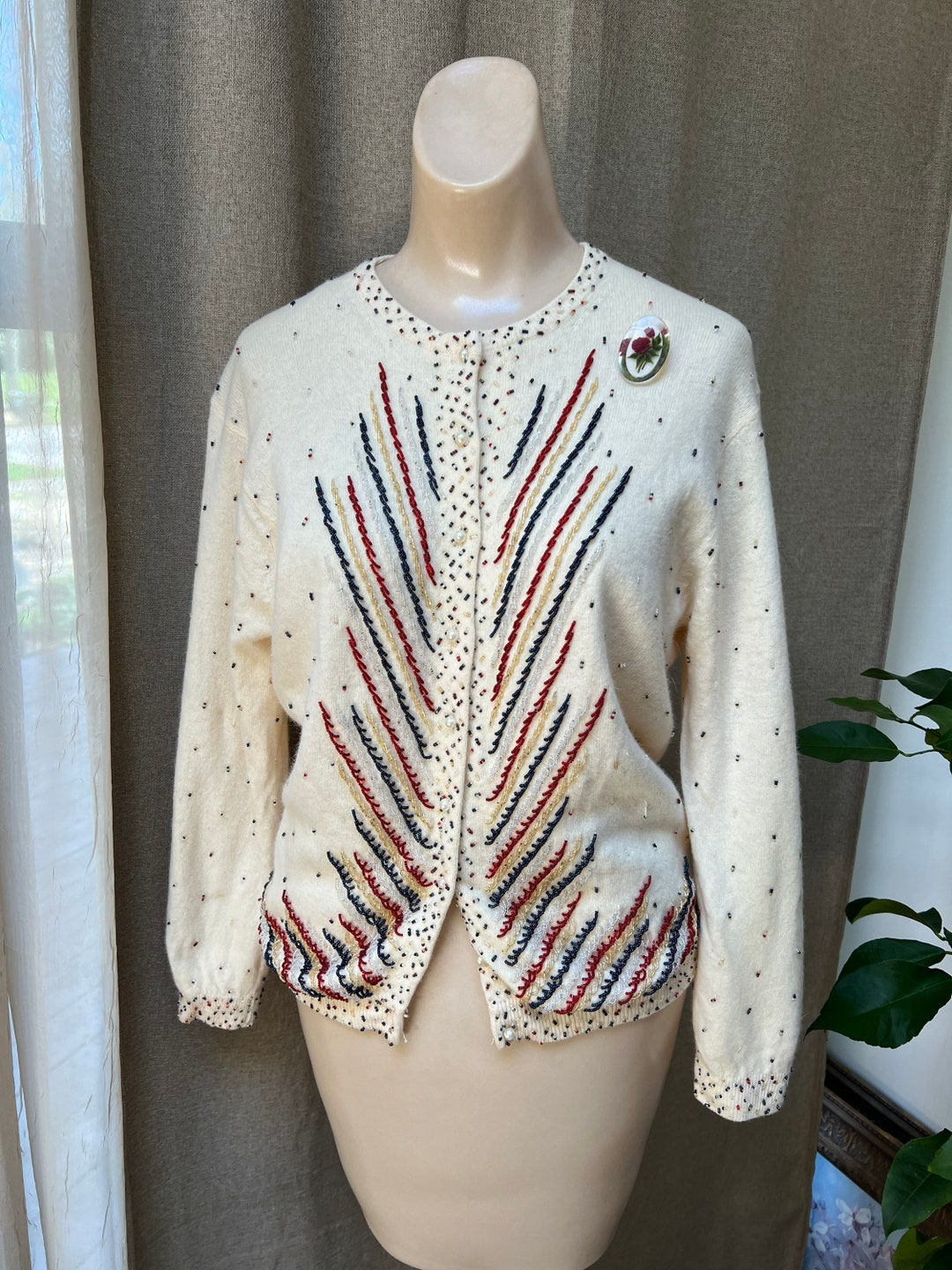Vintage Cream Lambswool Blend Color Beads Cardigan S/M, Hong Kong ...