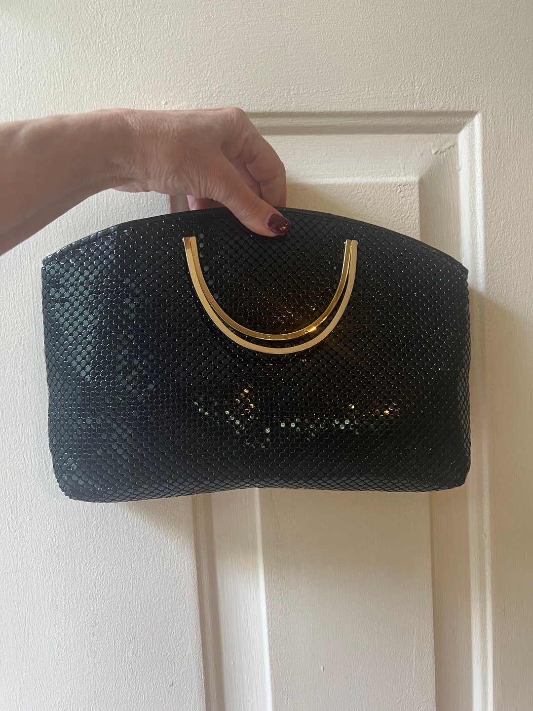 Vintage Black Metal Mesh Occasional Handbag, Top Handle Black Mesh ...