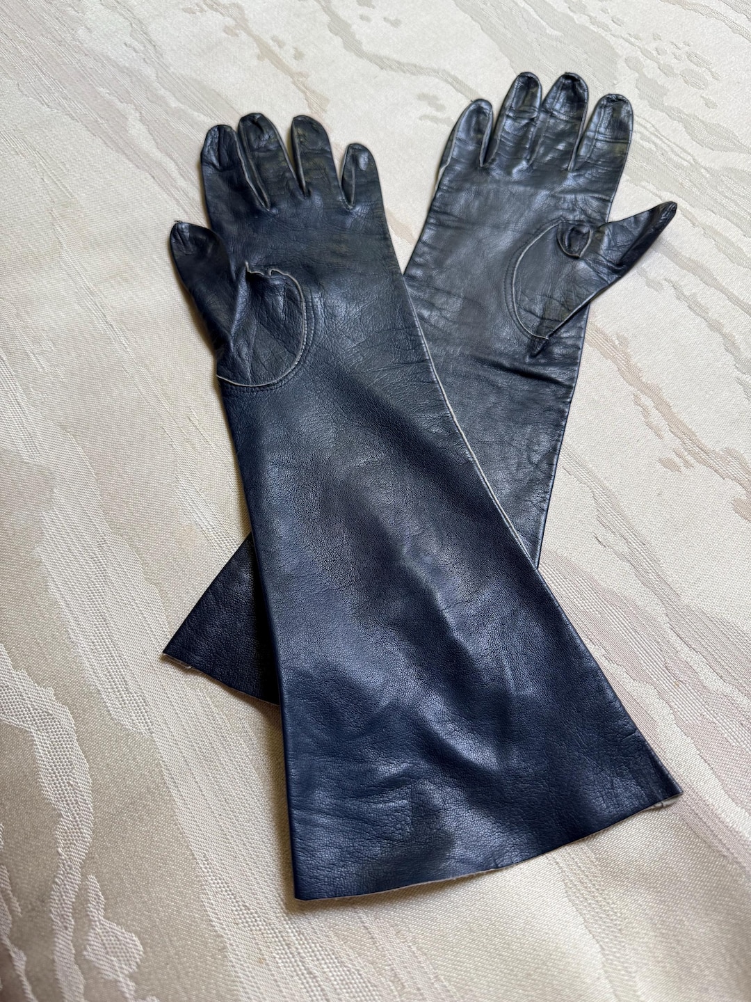 Vintage Darkest Navy Blue High Arm Leather Gloves XS, Tiny Hands Blue ...