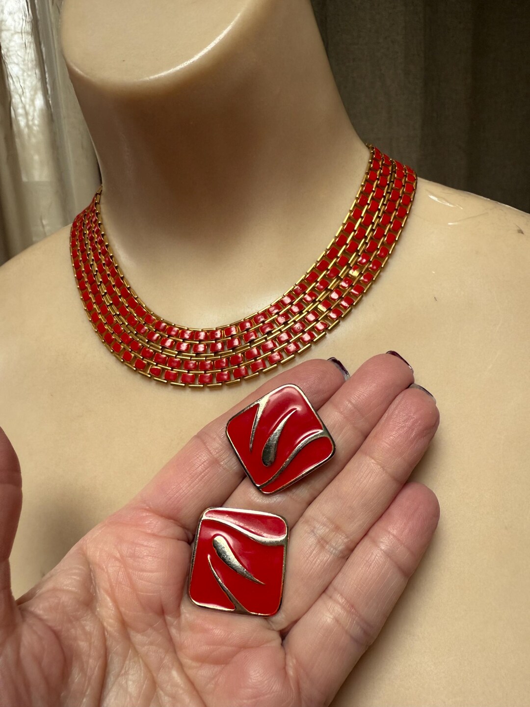 Vintage Red Gold Two Chain Necklace 15", Red Gold Clip Earrings ...