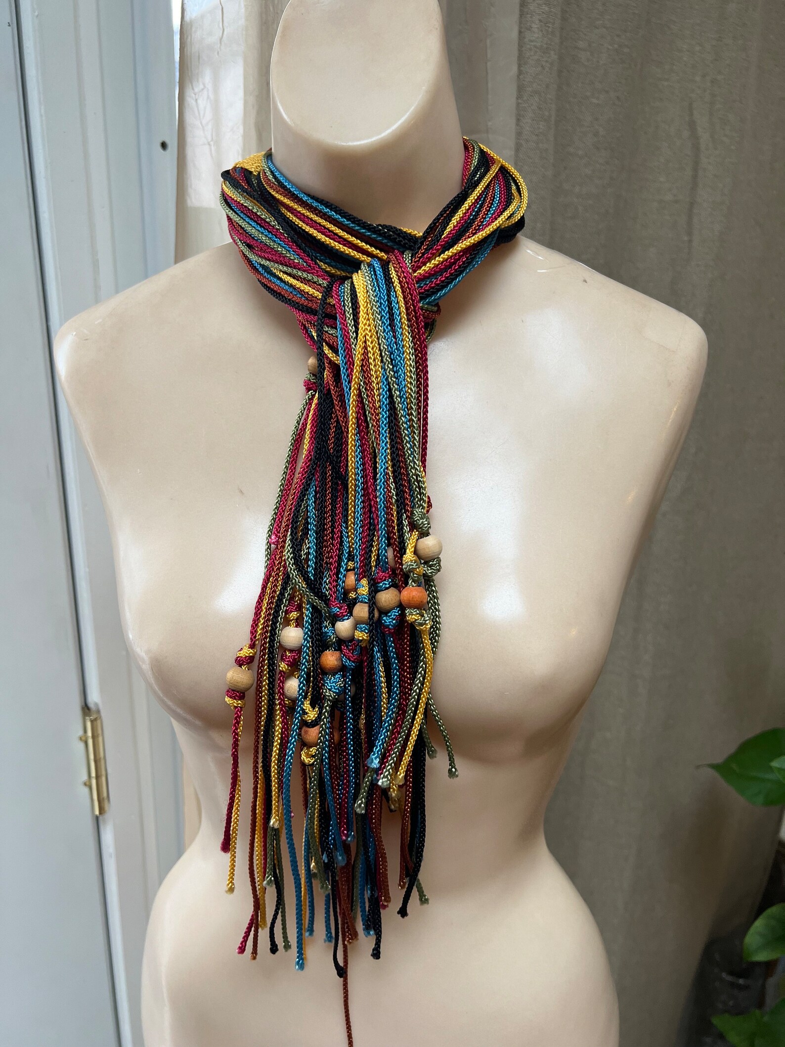 Vintage Boho Multi Color Cord Tie Belt, Bright Colors Cords Beads Tie Belt, Adjustable Multi ...