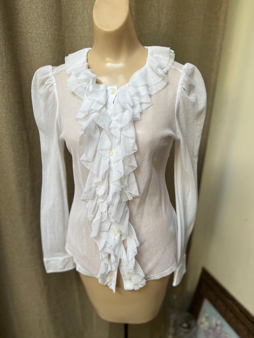 Vintage White Mesh Ruffled Ralph Lauren Blouse S White Cotton Mesh ...