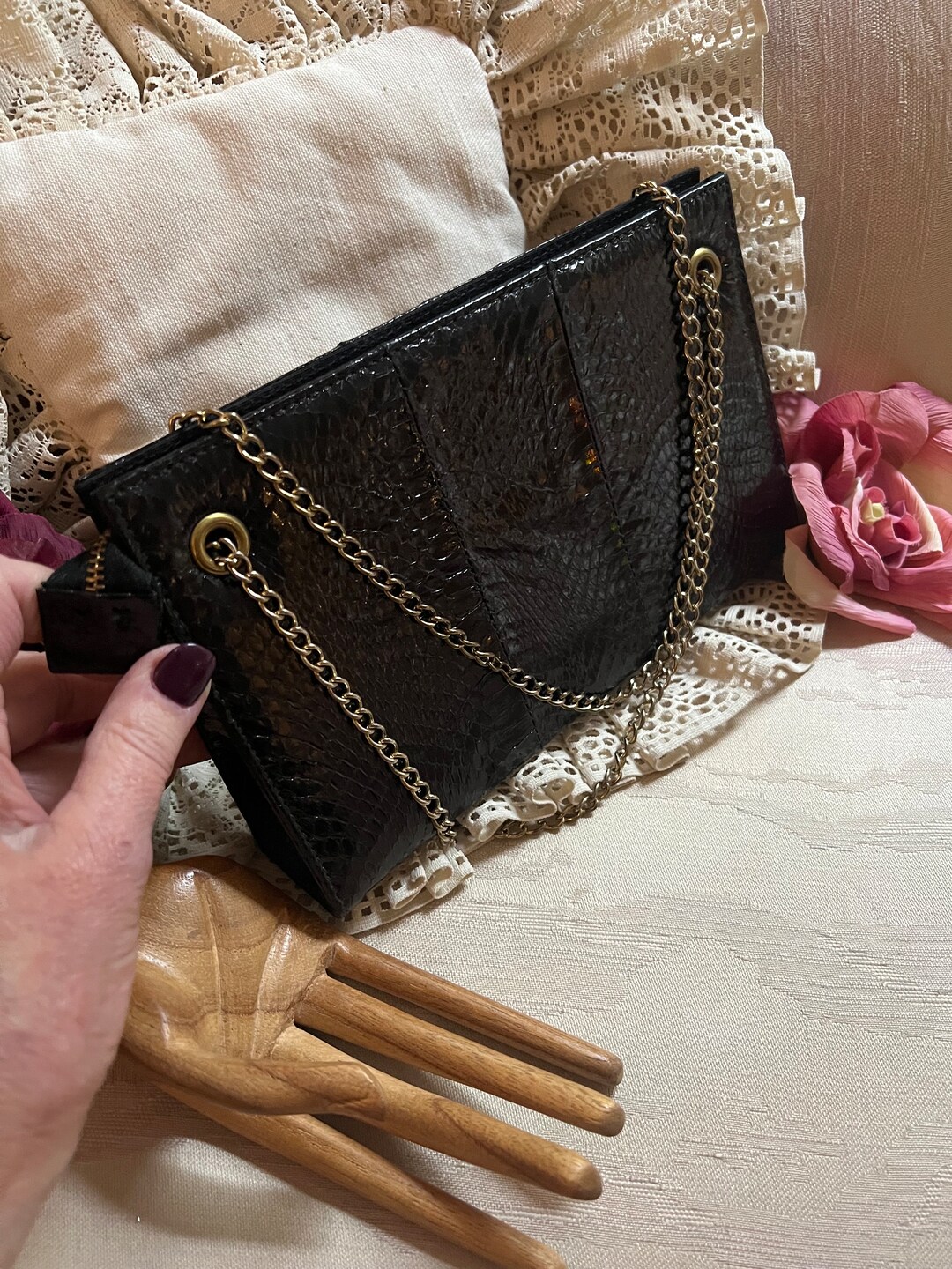 Vintage Small Boxy Black Snake Skin Chain Bag, Black Genuine Snake Skin ...