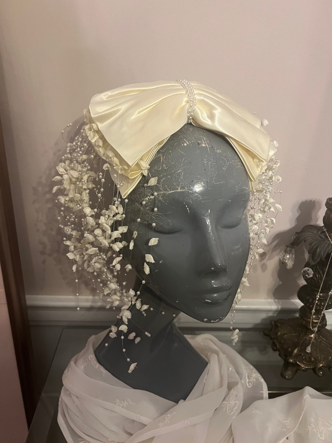 Vintage Cream Beige Satin Ribbon Vines Bride Cap, Warm Beige Satin ...